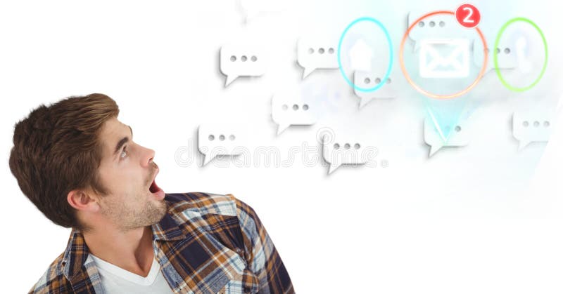 Surprised Man Standing and Looking at Graphic Icons Stock Image - Image ...