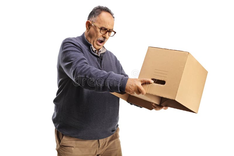 Surprised Mature Man Holding an Empty Cardboard Box Stock Photo - Image ...