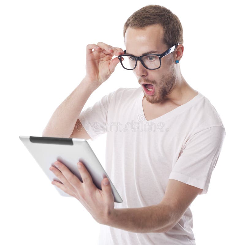 Surprised Nerd Man Looking at Tablet Computer Stock Image - Image of ...