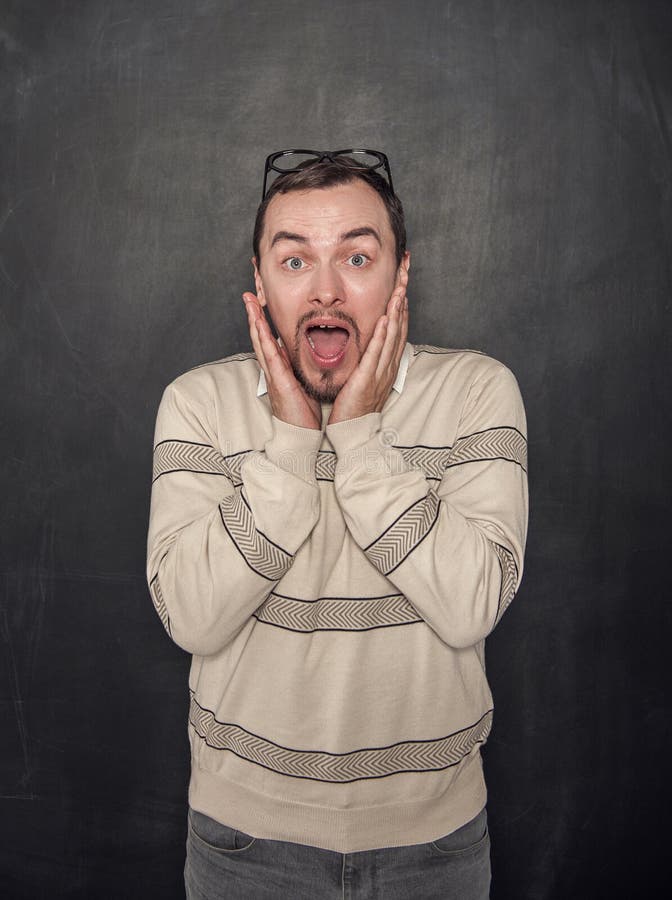 Scared and Funny Man Alone at Night in Living Room Couch Watching ...