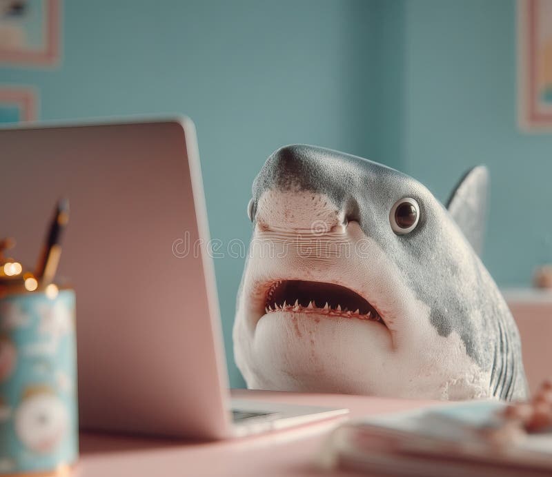 Surprised Shark Looking at Laptop in Home Office Setting Stock Image ...
