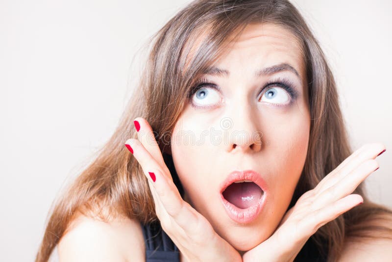 Surprised And Shocked Beautiful Woman Looking Up Stock Image Image Of