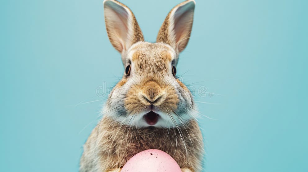 Surprised Shocked Bunny with Easter Egg on Blue Background Stock ...