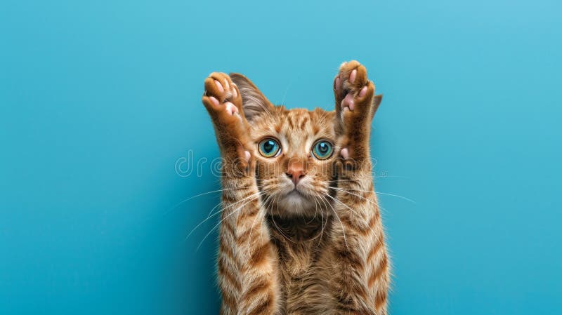 Surprised Shocked Cat on Blue Background with Paws on Head Stock ...
