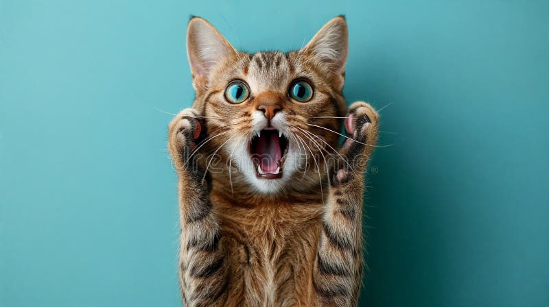 Surprised Shocked Cat Face with Paws on Head on Blue Background with ...