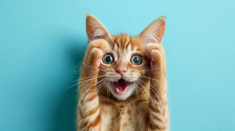 Surprised Shocked Cat Face with Paws on Head on Blue Background with ...