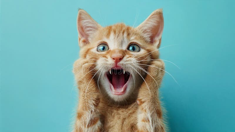 Surprised Shocked Cat Face with Paws on Head on Blue Background with ...