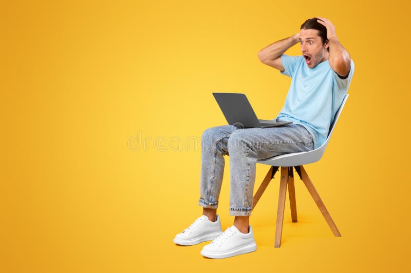 Surprised Shocked Guy Using Laptop Sitting on Chair Stock Image - Image ...