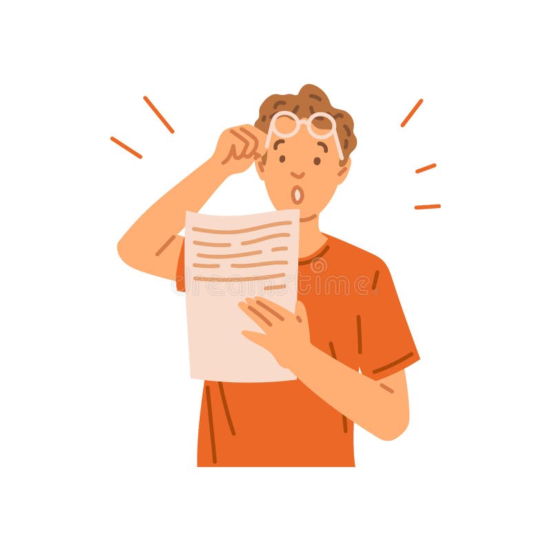Surprised or Shocked Man Reading a Text Printed on Paper, Flat Vector ...
