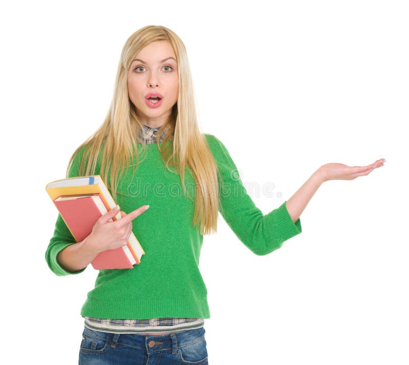 Surprised Student Girl Pointing on Empty Hand Stock Photo - Image of ...