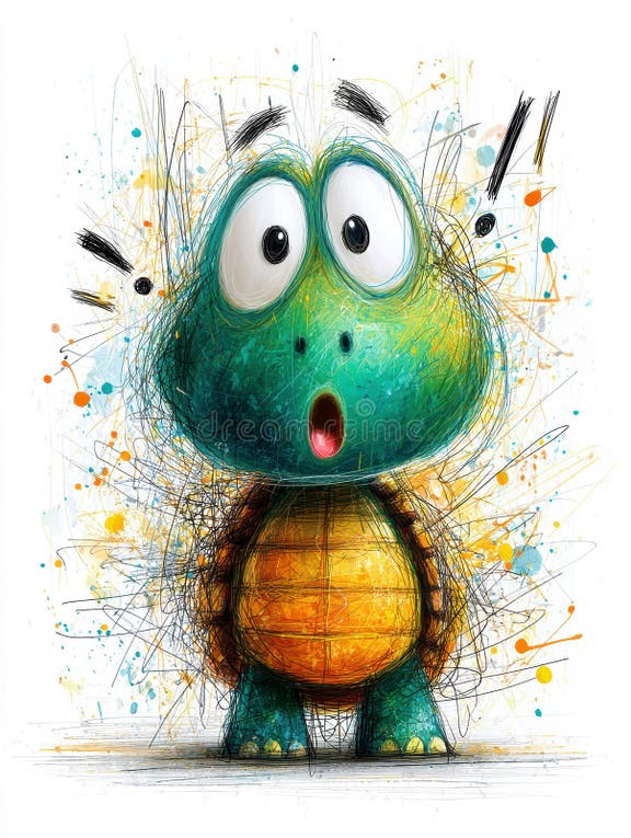 A Surprised, Stylized Cartoon Turtle with a Chaotic Scribble Pattern on ...