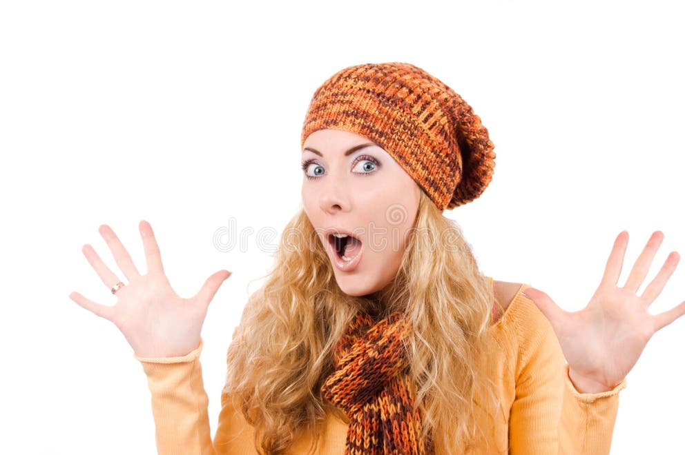 Surprised Woman in Hat and Scarf Stock Photo - Image of portrait ...