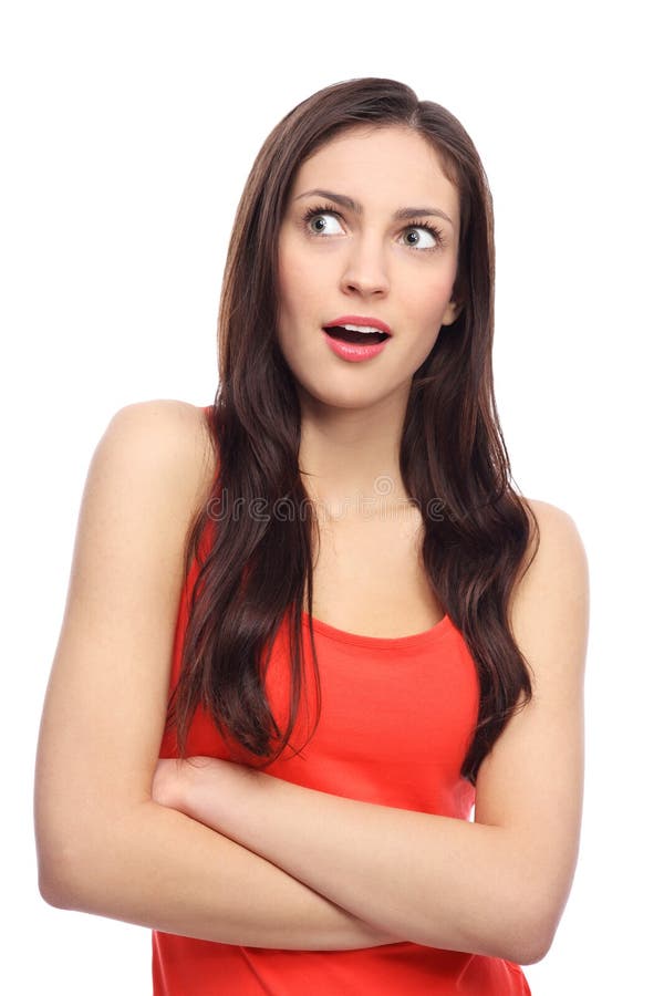 Surprised woman looking up stock photo. Image of emotion - 50037014