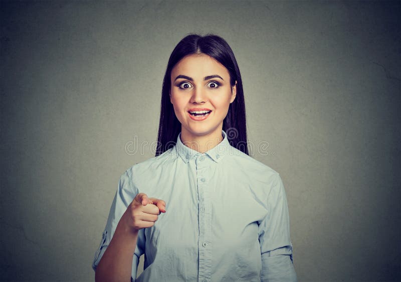 Surprised Woman Pointing Finger Looking at Camera in Astonishment Stock ...