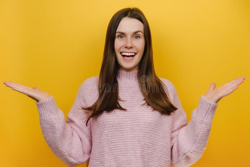 Surprised Wondered Amazed Impressed Happy Young Caucasian Woman Spread