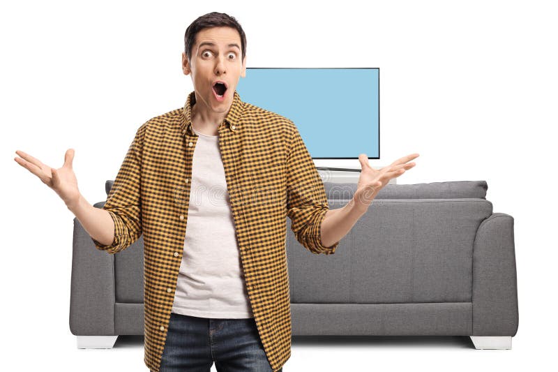 Surprised Young Man in Front of a Tv Stock Photo - Image of amazed ...