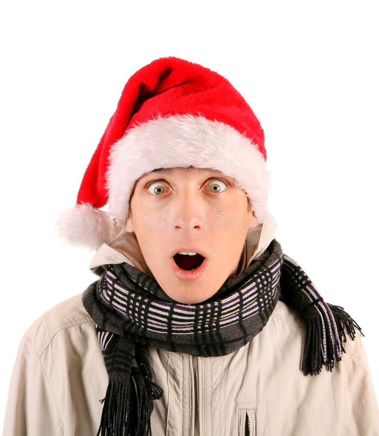 Surprised Young Man in Santa Hat Stock Photo - Image of fluffy ...