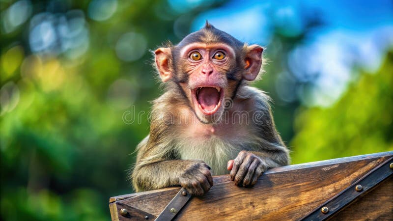 A Surprised Young Monkey Peering Over a Wooden Structure in a Lush ...