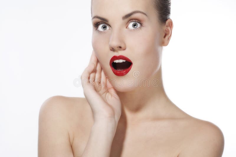 Surprised Young Woman with Red Lips Stock Photo - Image of cosmetic ...