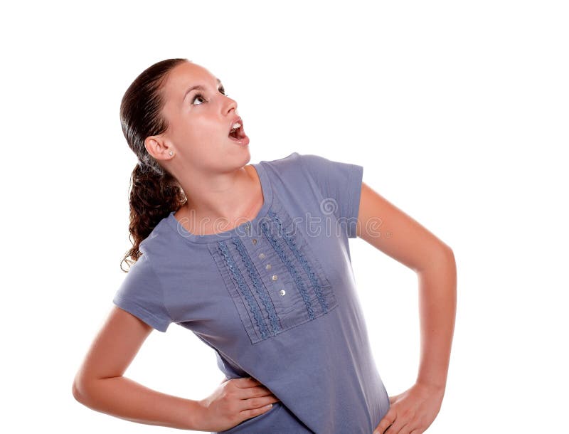 Surprised Young Woman Looking To Her Left Up Stock Photos - Free ...