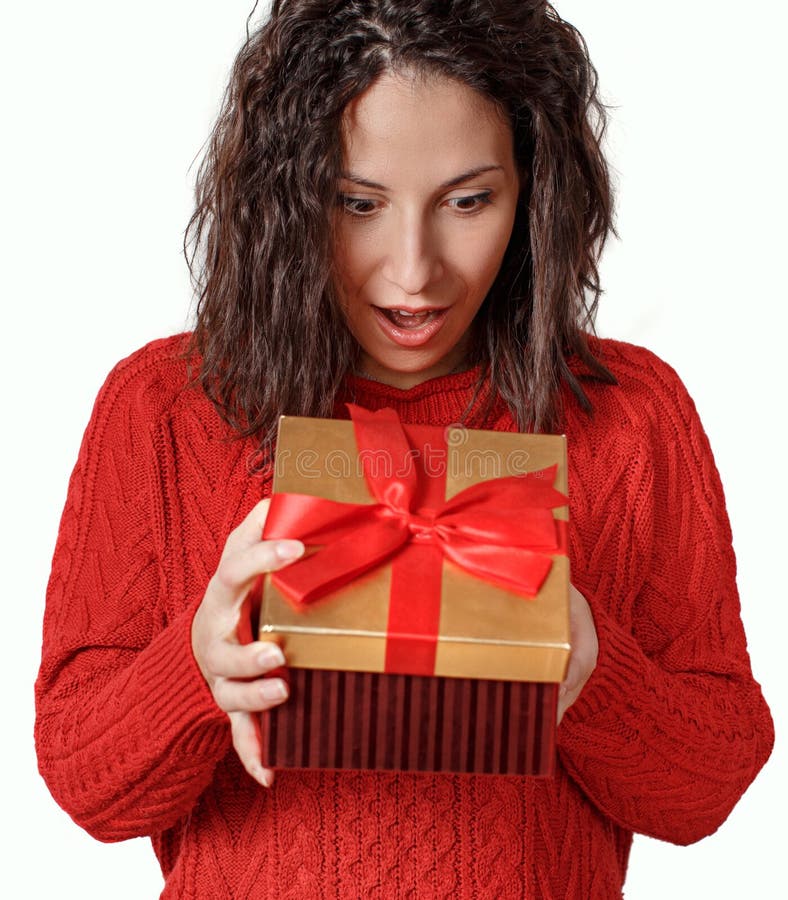 Surprised Young Woman Opening Gift Box Stock Photo - Image of sweater ...