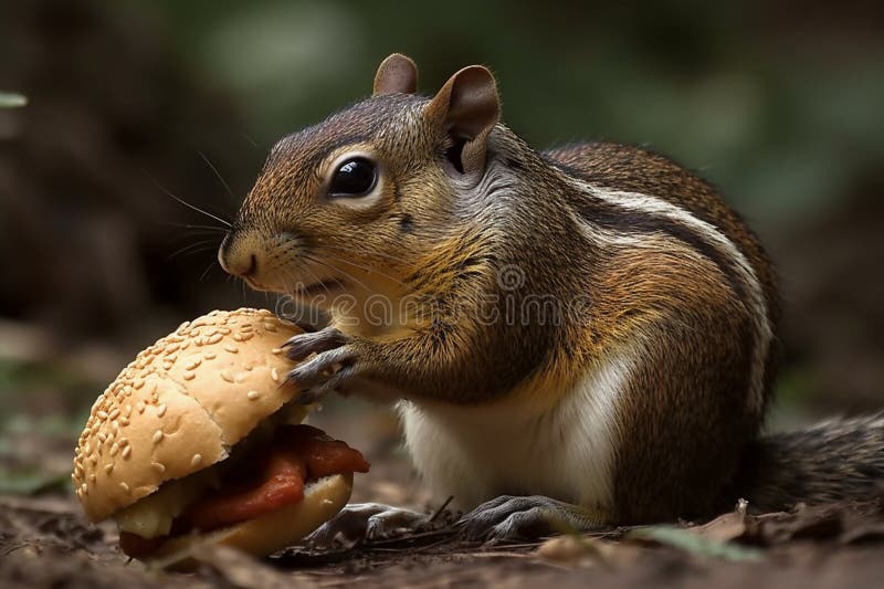 Ai Generative Squirrel Eating a Hamburger in the Forest. Close-up Stock ...