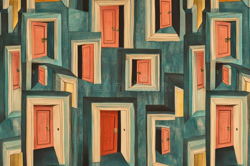 Surreal Abstract Artwork Featuring Multiple Doors in a Geometric ...
