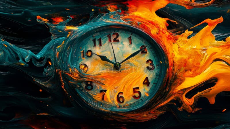 Surreal Abstract Clock Face with Melting Numbers in Swirling Flames ...