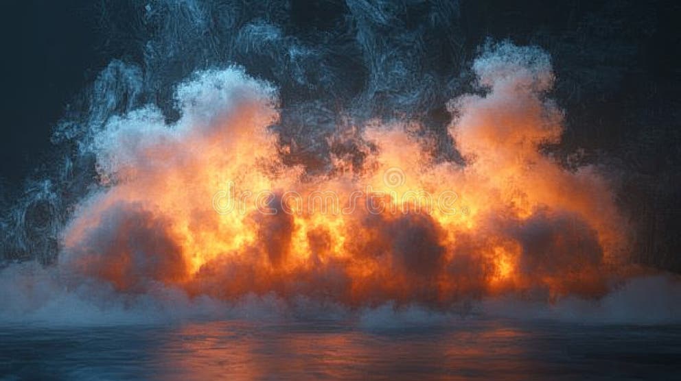 Abstract Glowing Orange and Blue Mist Over Water in a Surreal Scene ...