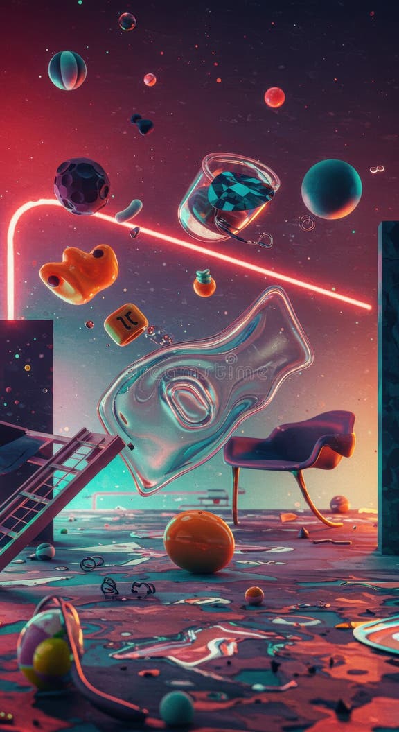 Surreal Abstract Composition with Floating Objects and Neon Lights ...