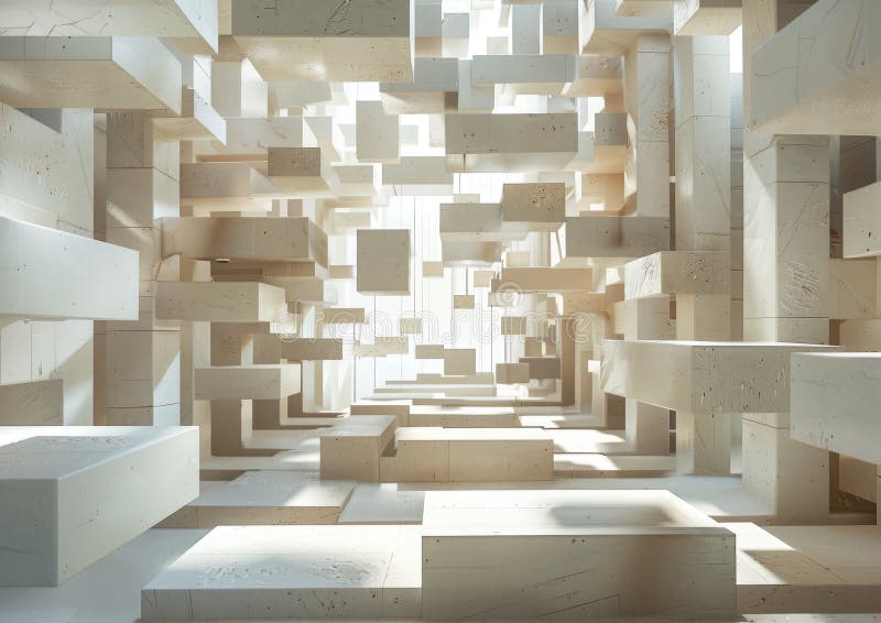 Surreal Abstract Labyrinth with Floating Blocks and Wooden Pathways in ...