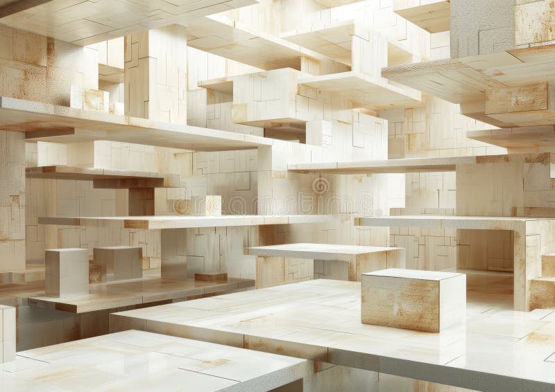 Surreal Abstract Labyrinth with Floating Blocks and Wooden Pathways in ...