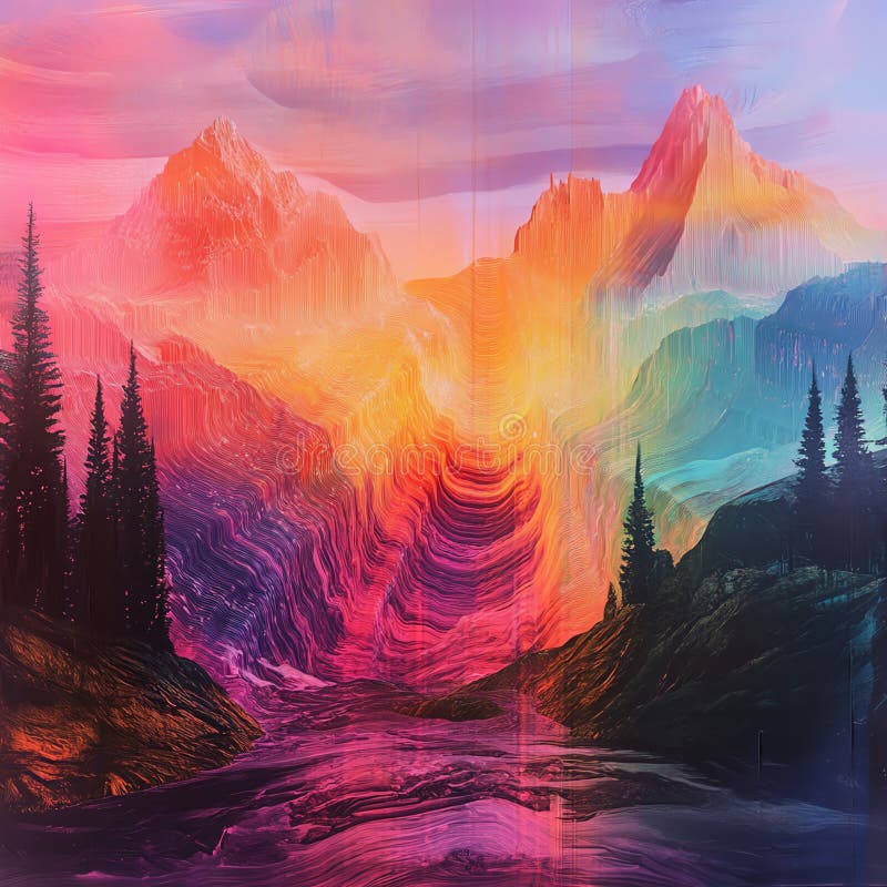A Surreal, Abstract Landscape Where Hyperreal Elements Like Mountains ...