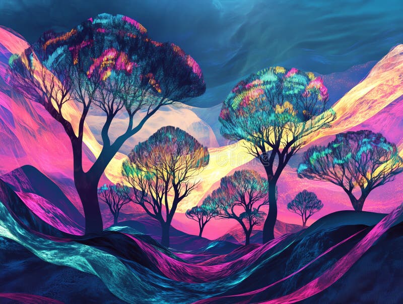 A Surreal, Abstract Landscape Where the Trees and Mountains Glow with ...