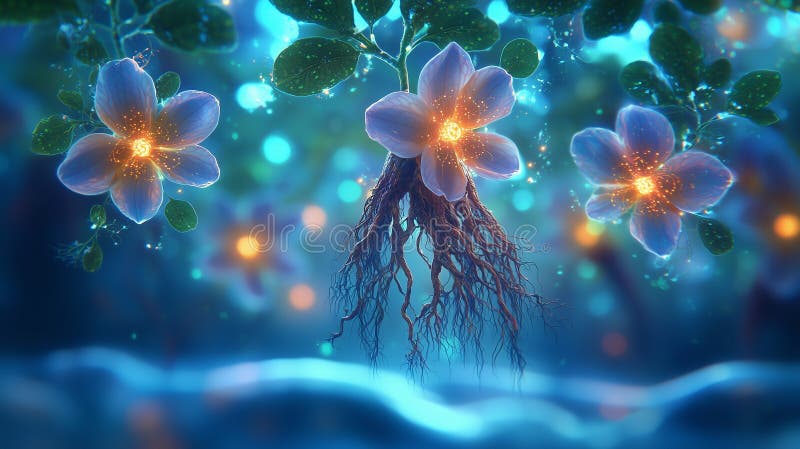 Surreal Abstract Scene with Floating Alien Floral Forms and Glowing ...