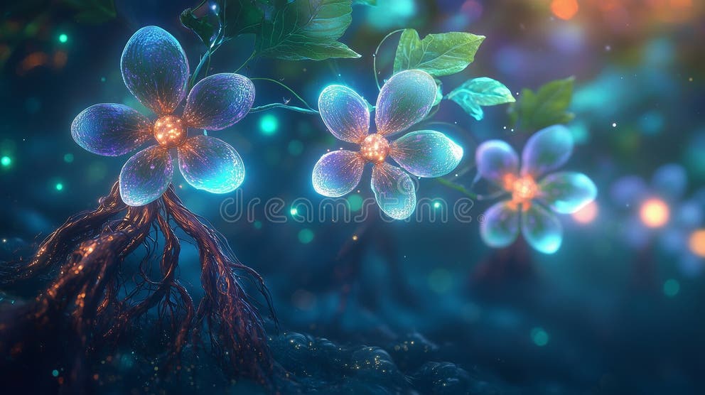 Surreal Abstract Scene with Floating Alien Floral Forms and Glowing ...