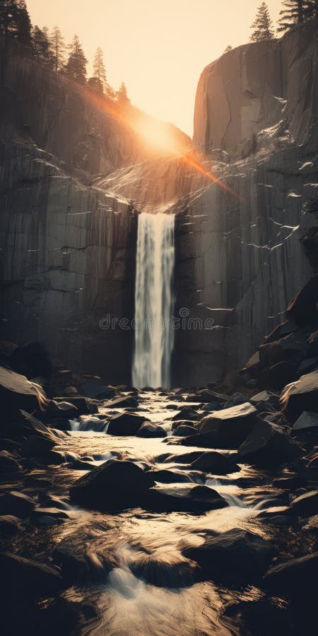 Surreal Adventure: Sun Setting Behind Unreal Waterfall in Amber and ...