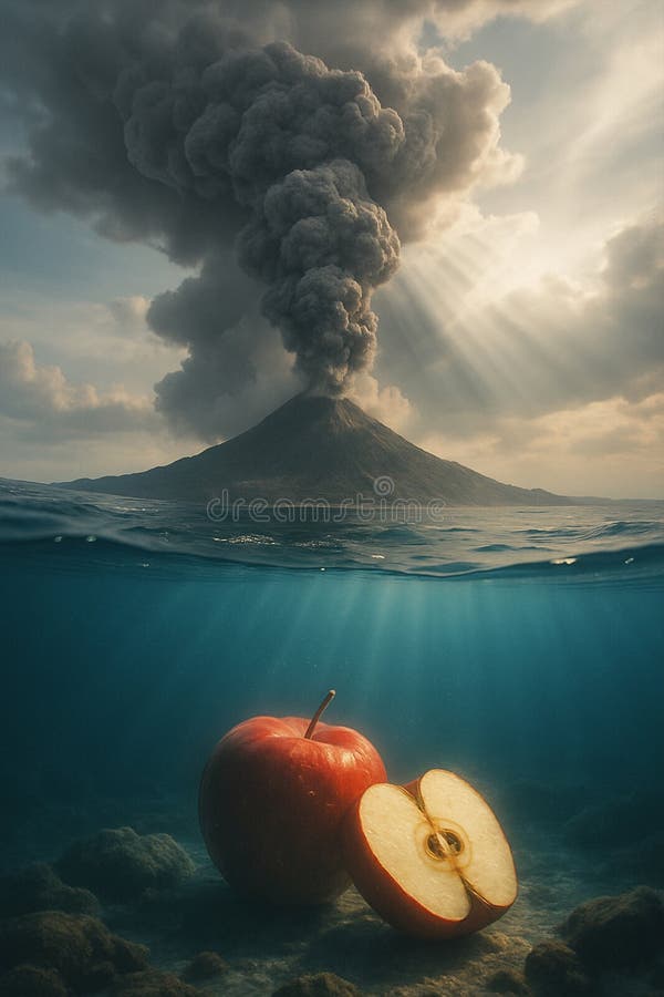 Cross-Section View of Erupting Volcano Above Water and Apples Below ...