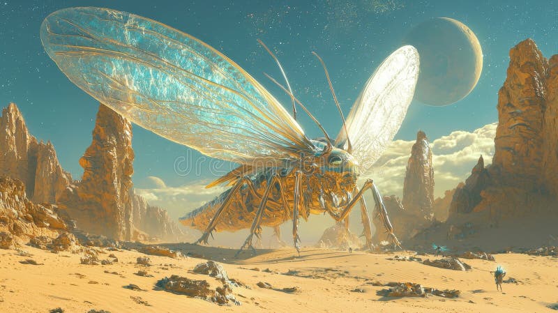 Gigantic Insect in Desert Alien Landscape with Moons Stock Photo ...