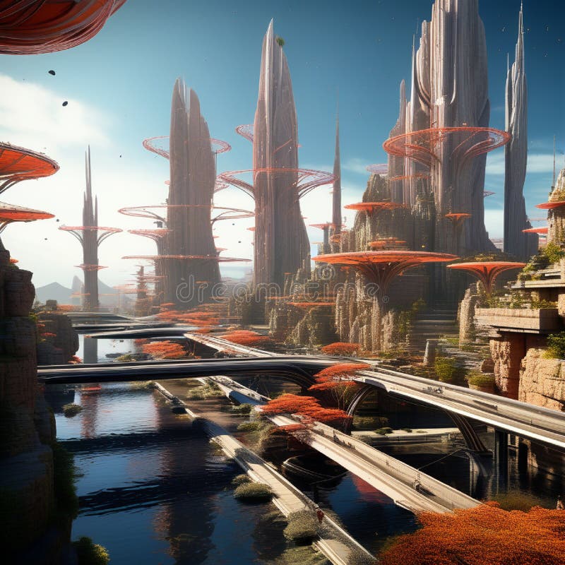 A Surreal Alien City with Floating Structures and Vibrant Energy ...