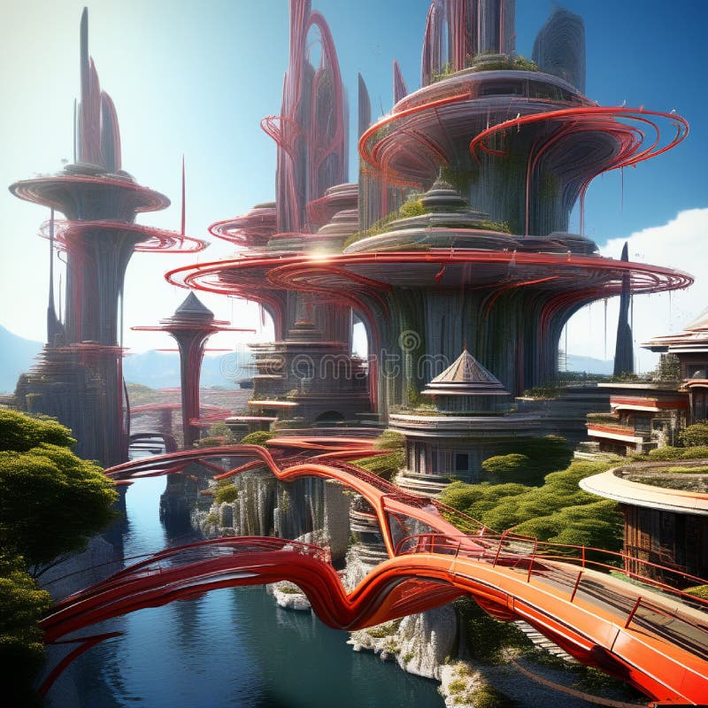 A Surreal Alien City with Floating Structures and Vibrant Energy ...