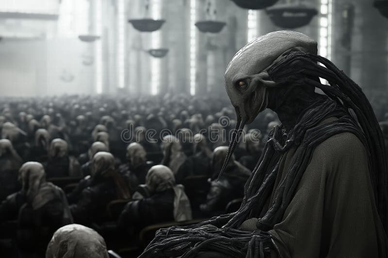 Surreal Alien Congregation in a Dim Hall Stock Illustration ...