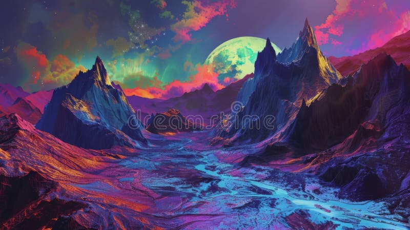 Surreal Alien Landscape with a Large Moon and Colorful Sky Stock Image ...