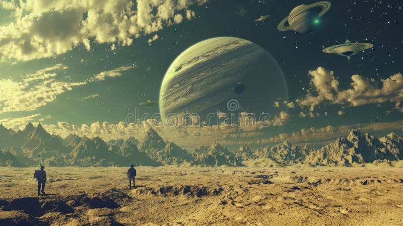 Surreal Alien Landscape with Planets and Figures in Distant Horizon ...