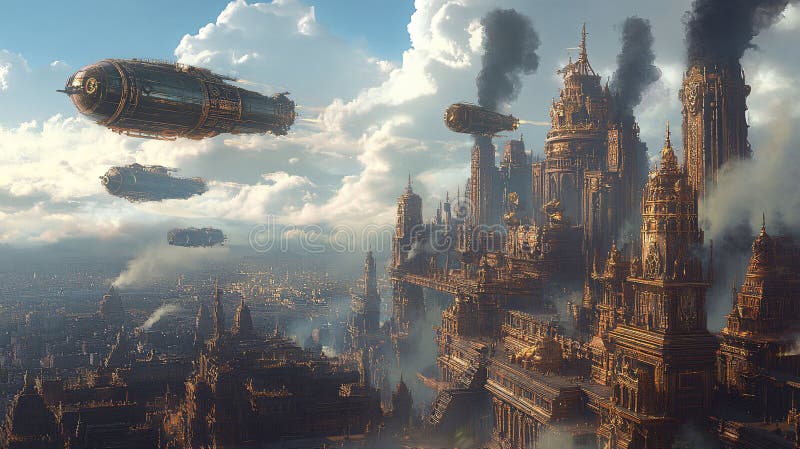 Surreal Ancient Civilization with Floating Airships Stock Illustration ...