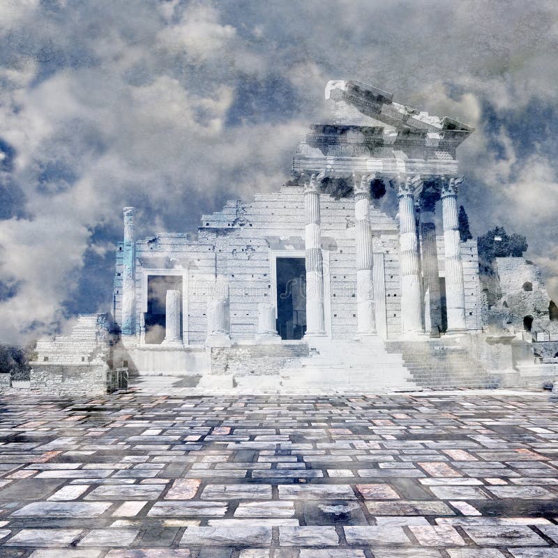 Surreal Ancient Roman Temple in Clouds at Evening. Blue Tones. Stock ...