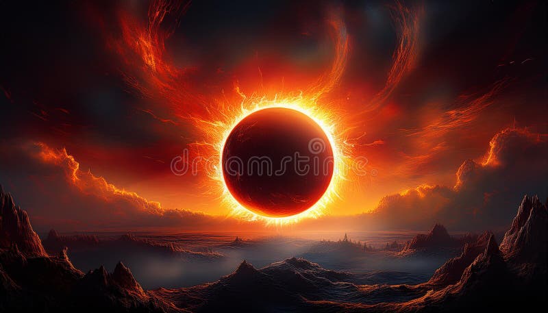 Surreal Apocalyptic Scene of Sun Eclipse and Fiery Clouds Over Planet ...