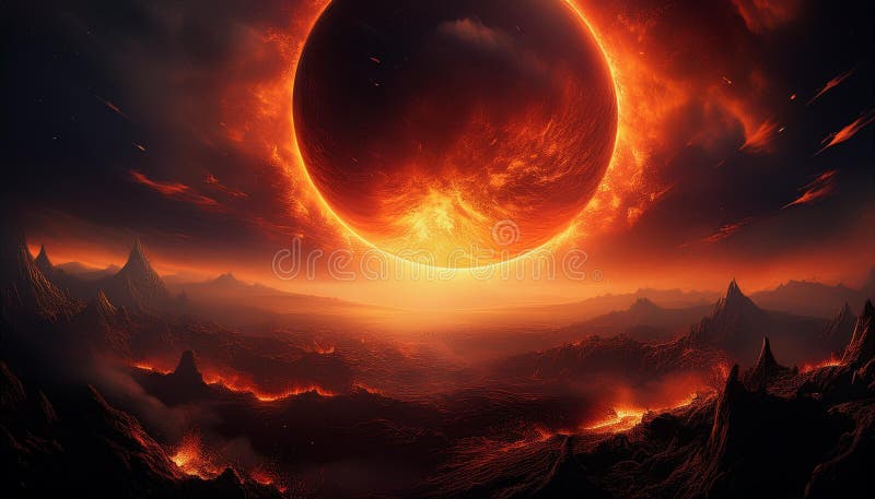 Surreal Apocalyptic Scene of Sun Eclipse Surrounded by Fiery Clouds ...