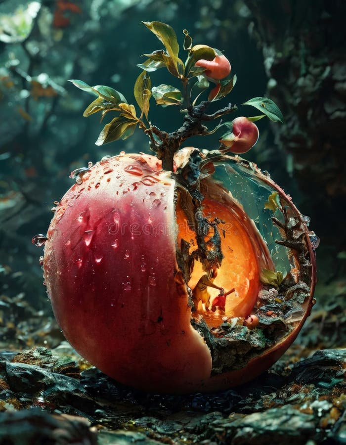 Surreal Apple Split Open Revealing a Glowing Core and Plant Life Stock ...