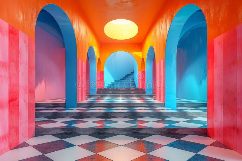 Surreal Arches with Vibrant Checkerboard Pattern Floor Stock Photo ...